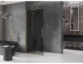 Mexen Velar, sprchová zástěna s posuvnými dveřmi Walk-in 90 x 200 cm, 8mm šedé sklo, zlatá matná, 871-090-000-43-55