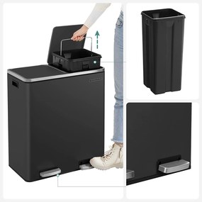 Vzduchotěsný kovový pedálový dvojitý odpadkový koš 2 x 30l, s 15 pytli na odpadky, černý