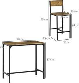 HOMCOM 3dílná barová sada, vysoký stůl, 2 židle, MDF, kovový rám, voděodolné, hnědá