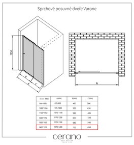 CERANO - Sprchový kout Varone L/P - černá matná, transparentní sklo - 140x70 cm - posuvný