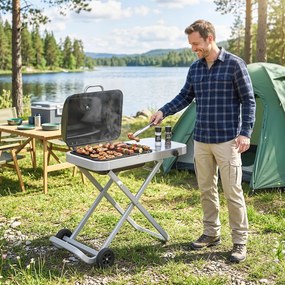 Outsunny Přenosný plynový gril 1 hořák 2,5 kW grilovací vozík se skládacím vozíkem Grilovací rošt Boční stolek Víko Teploměr