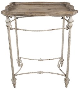 Bílo hnědý kovový odkládací stolek s dřevěnou deskou - 65*45*83 cm