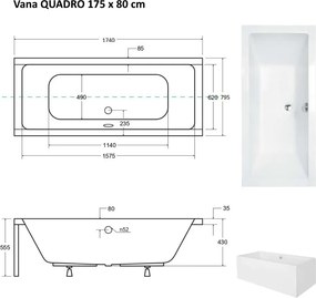 Besco QUADRO 175 x 80 cm VANQAUD175+OLVPINOZ vana vč. nožiček