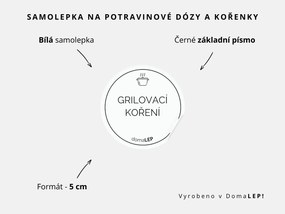 GRILOVACÍ KOŘENÍ - omyvatelná samolepka na kořenky, výběr rozměrů Ø 5 cm / 5 x 5 cm / 6 x 8 cm | DomaLEP tvar: KOLEČKO, barva: BÍLÁ - ČERNÉ písmo, velikost: Ø 5 cm - tučné písmo