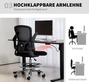 HOMCOM Kreslířská židle s bederní opěrkou, výškově nastavitelná, otočná, pro domácí kancelář, studio, umělecké projekty, černá