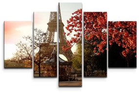 Sablio Obraz - 5-dílný Eiffelova věž a červený strom - 125x90 cm