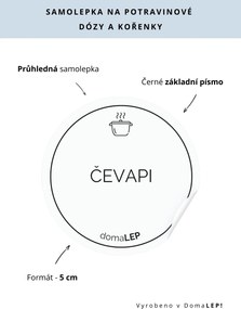 Samolepka na kořenky ČEVAPI průhledná 5 cm základní písmo