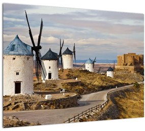 Skleněný obraz - Větrné mlýny Consuegra, Španělsko (70x50 cm)