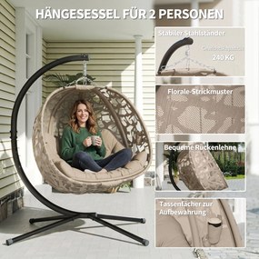 Závěsné křeslo Outsunny 2místné závěsné křeslo s polštářem skládací závěsná houpačka do 240 kg polyester ocel písková barva
