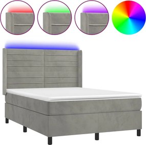 Box spring postel s matrací a LED světle šedá 140x190 cm samet 3139619