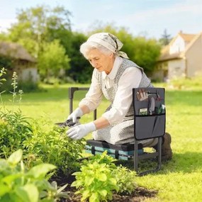 Outsunny skládací zahradní stolička s EVA polstrováním na kolena, přenosné sedátko s brašnou na nářadí, nastavitelné nohy, nosnost 150 kg — tmavě šedá