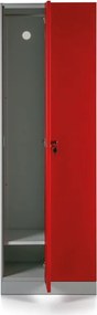 Kovová šatní skříňka S1, 2 oddíly, 1850 x 600 x 500 mm, demont, cylindrický zámek, červené dveře