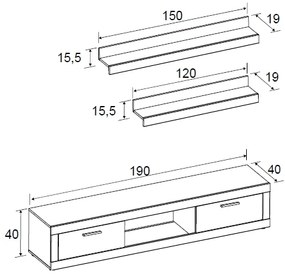 Obývací stěna Ocean 03, šedý dub, s osvětlením