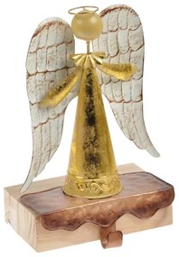 anděl plech + dřevo s háčkem 24cm - zlatý 8885793