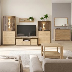 Obývací stěna s komodou MEDIOLAN | 323,5 + 177 cm + konferenční stolek 65x65 cm | 7 dílů | natural hikora