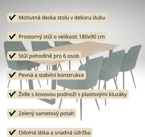 Vikio Jídelní set pro 6 osob 180x90 cm dub noha U zelená židle s područkami VJS168-6Z