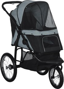 PawHut kočárek pro psy - skládací buggy pro psy a kočky do 20 kg s terénními gumovými koly, polstrovanými okny a dveřmi, šedý kočárek s úložným košem