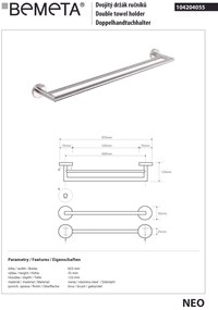Bemeta Design NEO: Držák ručníků, 600 mm, dvojitý -