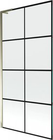 Mexen Next L, 1-křídlová vanová zástěna 90 x 150 cm, 6mm čiré sklo-černý vzor, ​​zlatý lesklý profil, 895-090-000-03-77-50