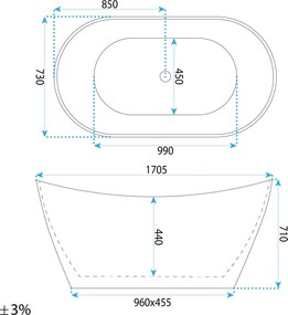 Volně stojící akrylátová vana REA FERRANO SLIM NATURE 170x73 cm, mramor, sifon Click-Clack - bílý