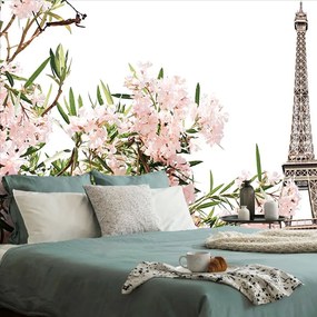 Samolepící fototapeta Eiffelova věž a růžové květy - 225x150 cm
