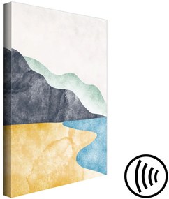 Obraz Abstraktní krajina - pláž, hory a oceán na pozadí světle šedé oblohy
