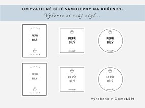 PEPŘ BÍLÝ - omyvatelná samolepka na kořenky, výběr rozměrů Ø 5 cm / 5 x 5 cm / 6 x 8 cm | DomaLEP tvar: KOLEČKO, barva: BÍLÁ - ČERNÉ písmo, velikost: Ø 5 cm - tučné písmo