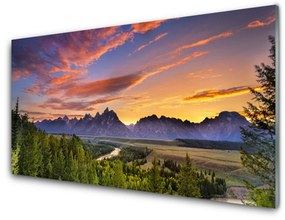 Obraz na skle Hora Les Slunce Příroda 125x50 cm