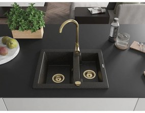 Mexen Carlos, granitový dřez 582x475x177 mm, 1,5-komorový, černá-zlatá metalíza se zlatým sifonem, 6518581500-75-G