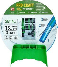 Procraft PR-3KGH1915F - modrá zahradní hadice, 3-vrstvá, 3/4", 15m, s příslušenstvím
