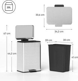 Koš na odpadky 20 litrů s pedálovým víkem s měkkým zavíráním, pedál, vyjímatelný vnitřní koš stříbrný, 34,2 x 30,6 x 44,2 cm