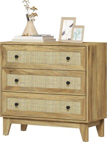 HOMCOM Úzký zásuvkový stolek se 3 zásuvkami a rattanovými čely, komoda do ložnice s vyvýšenými nohami, 80x35x76 cm Přírodní | Aosom
