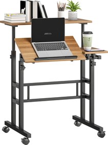 HOMCOM sedací‑stojací stůl 70 x 60 cm – výškově nastavitelný, s kolečky a naklápěcí deskou stolu, hnědý