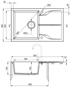 Deante Andante, 1-komorový granitový dřez 780x490x194 mm + černá baterie s elastickým ramenem, béžová, DEA-ZQNN5113