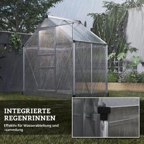 Outsunny hliníkový skleník 2,51 m² — 190 × 132 × 201 cm s pozinkovaným podstavcem, střešním větráním, posuvnými dveřmi, 4 mm UV-odolnými polykarbonát…