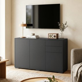 HOMCOM komoda se zásuvkami a dvířky, 2 vysouvací zásuvky a 3 dveře, nastavitelná police, dřevotříska E1, 117 x 36 x 74 cm, černá