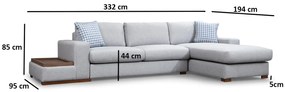 Rohová sedačka s integrovaným stolkem Bellona 332 cm světle šedá - pravá
