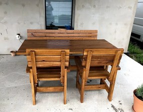 KULHÁNEK Zahradní dubová sestava - stůl, 1x lavice s opěradlem, 2x křeslo (klasické provedení) Délka: individuální, Odstín nátěru: lazura - ořech