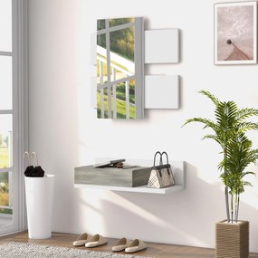 HOMCOM Sada nábytku do vstupní haly s zrcadlem a zásuvkou, moderní styl 75x3,5x75 cm a 75x30,5x20 cm, bílá a šedá