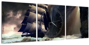 Obraz - Loď mezi útesy (s hodinami) (90x30 cm)