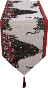 Béžovo-červený látkový běhoun s vánočními stromky a střapci - 33*180 cm