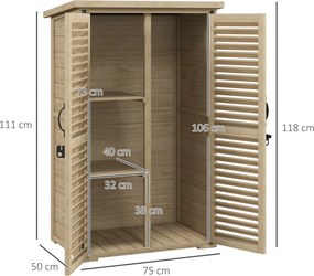 Zahradní skladovací bouda Outsunny s 2 policemi, přírodní dřevo, střecha z modifikovaného bitumenu, větrané dveře, uzamykatelné, 75 x 50 x 118 cm