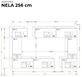 Ral Obývací stěna NELA 1, 256 cm - Černo/bílý lesk