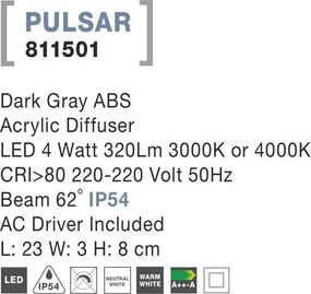 NV 811501 Venkovní nástěnné svítidlo PULSAR tmavě šedý ABS akrylový difuzor LED 4W 3000K nebo 4000K 220-220V 62st. IP54 - NOVA LUCE