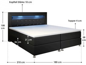 Goleto Postel Box Spring Montana s LED osvětlením 180 x 200 cm | černá