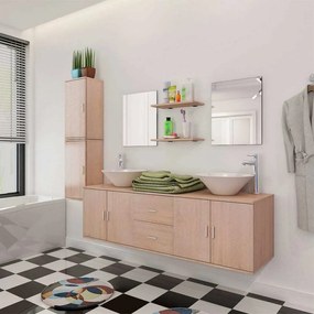 vidaXL 11kusový set koupelnového nábytku s umyvadlem a baterií, [273688] Barva: Béžová