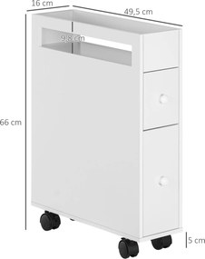 kleankin Koupelnová skříňka Skříňka do niky s kolečky, 2 zásuvky a otevřená přihrádka, koupelnový vozík, bílá, 16x49,5x66cm| Aosom