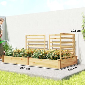 Outsunny vyvýšený dřevěný truhlík s 3 mřížemi, dvojitý záhon a otevřené dno — 240 x 125 x 102 cm — přírodní borovice