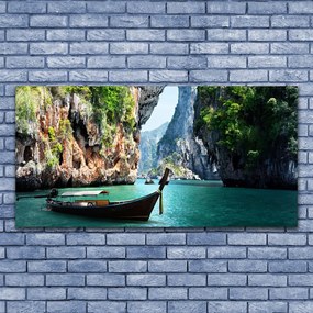 akrylový obraz Loď Jezero Skály Krajina 120x60 cm