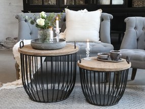 2ks černý antik kovový coffee stolek s dřevěnou deskou Charlotte - Ø57*48 cm